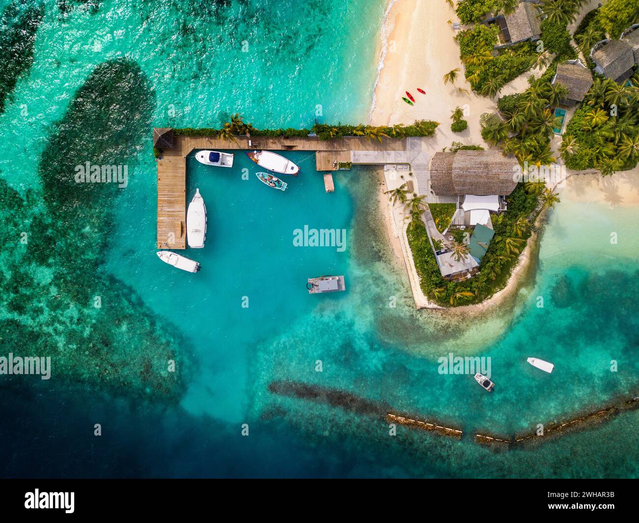 Aerial view of the Outrigger maldives Maafushivaru luxury resort, South ...
