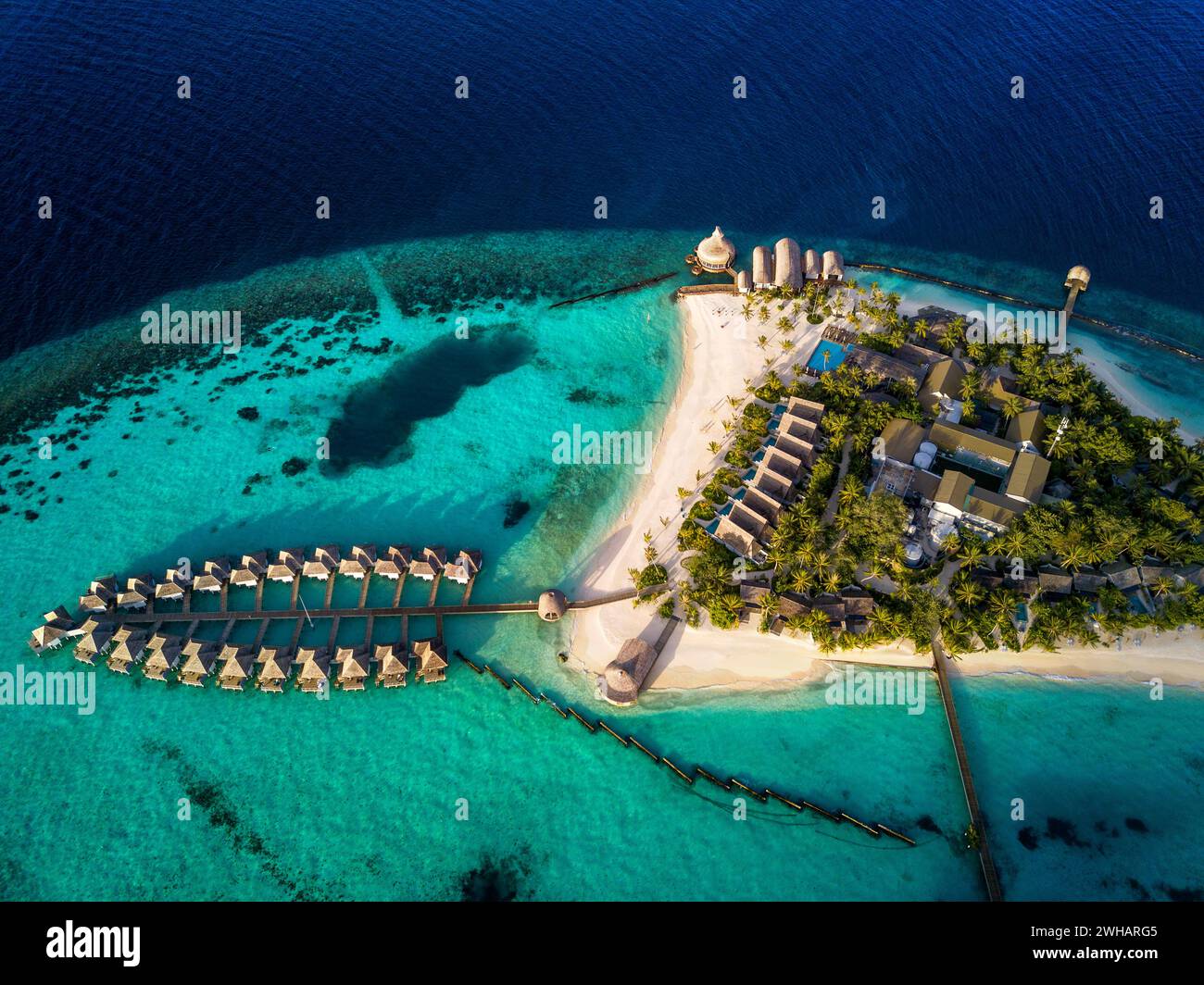 Aerial view of the Outrigger maldives Maafushivaru luxury resort, South ...