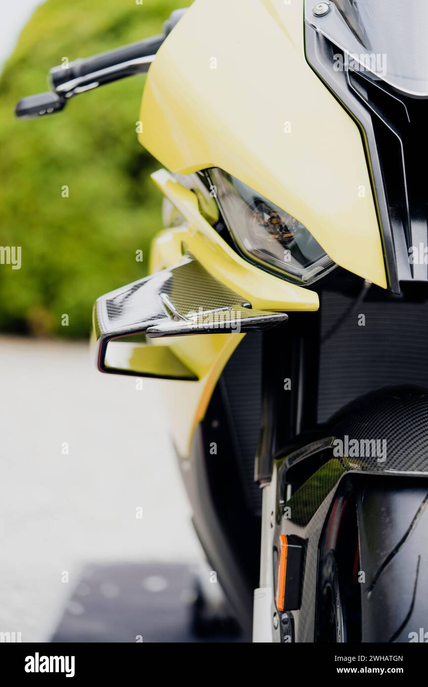 Front view of aerodynamic flaps or wings on a modern sports motorcycle ...