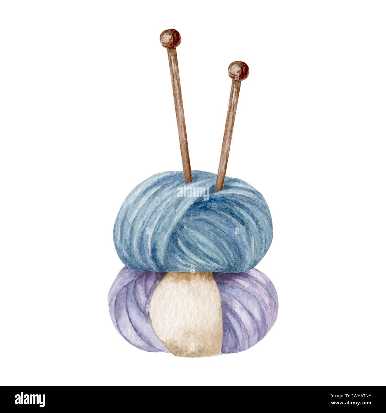Balls of yarn and single pointed needles, hand draw, watercolor ...