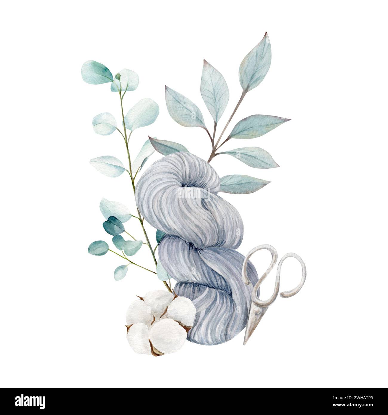 Hank of yarn with cotton, eucalyptus and scissors, watercolor ...