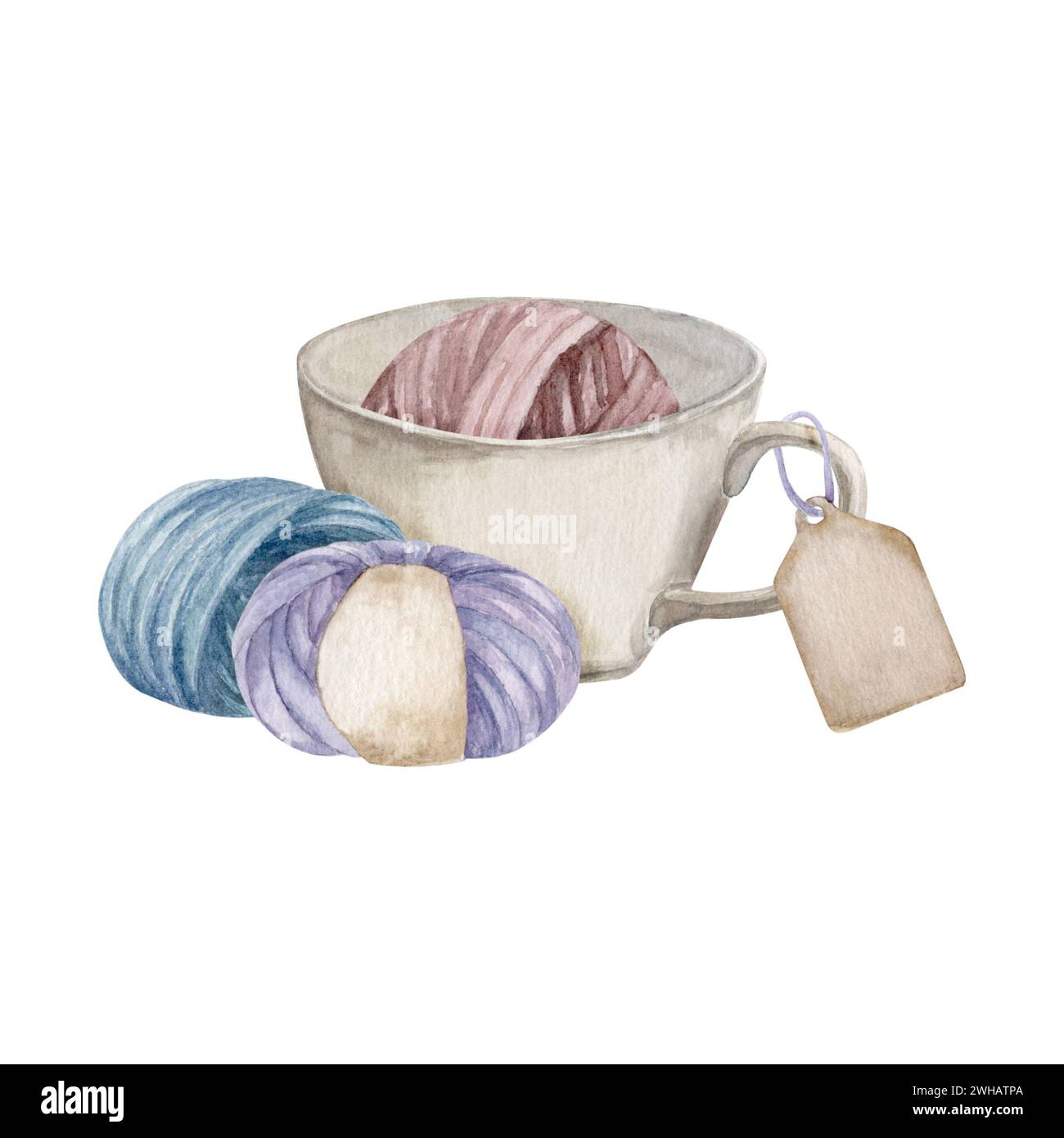 Knitting ball of yarn in the cup, balls of yarn, hand draw, watercolor ...