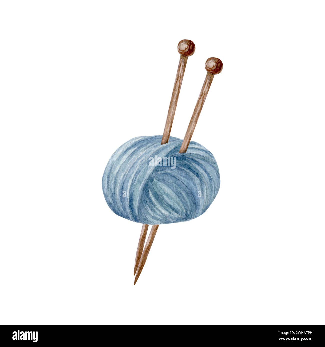 Knitting ball of yarn with single pointed needle, hand draw, watercolor ...