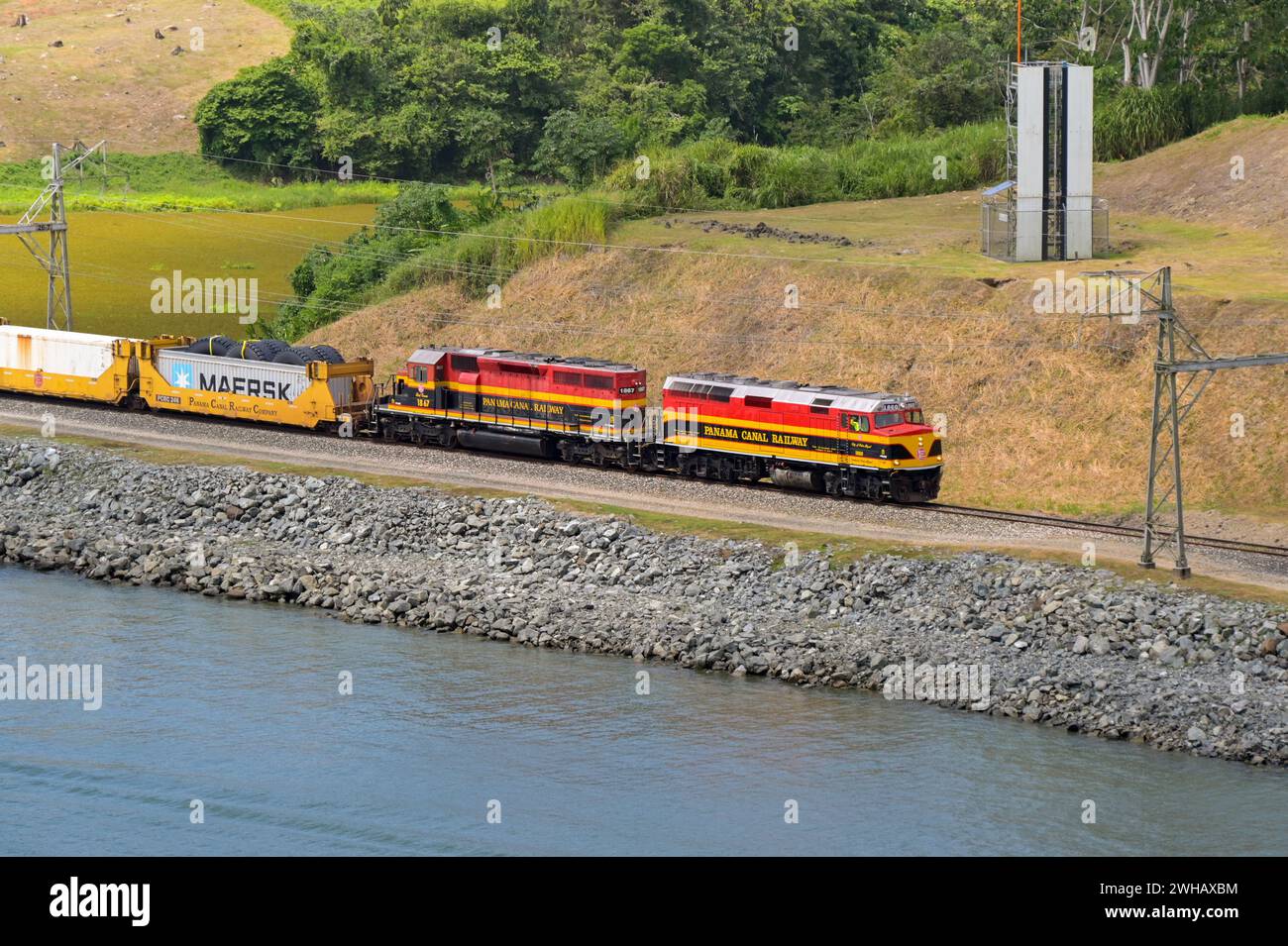 Panama - 22 January 2024: Diesel locomotives pulling a freight train of ...