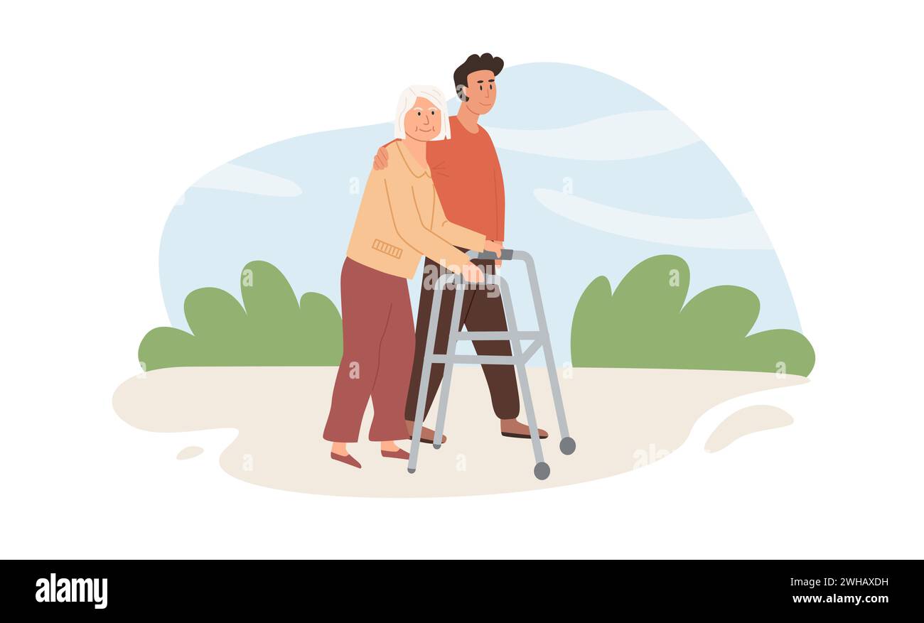 A caregiver and old age woman with walker outdoors. Assisted living ...