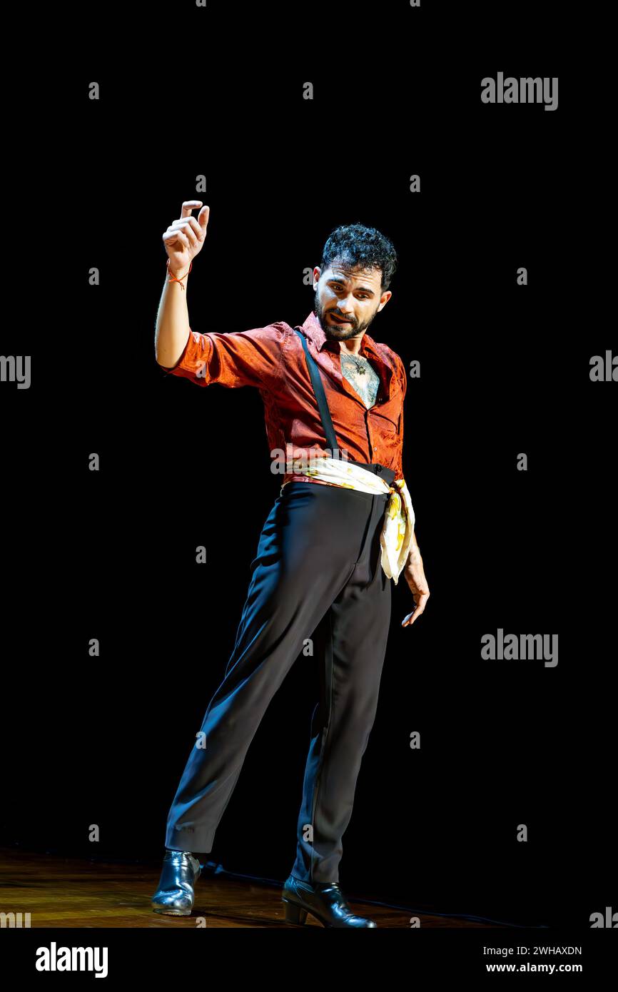 Male flamenco dancer with a dramatic pose on stage, wearing a striking ...