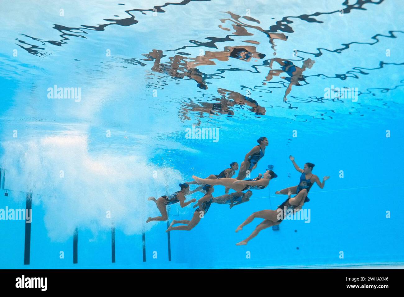 Brazil team compete in the mixed team free final of artistic swimming ...