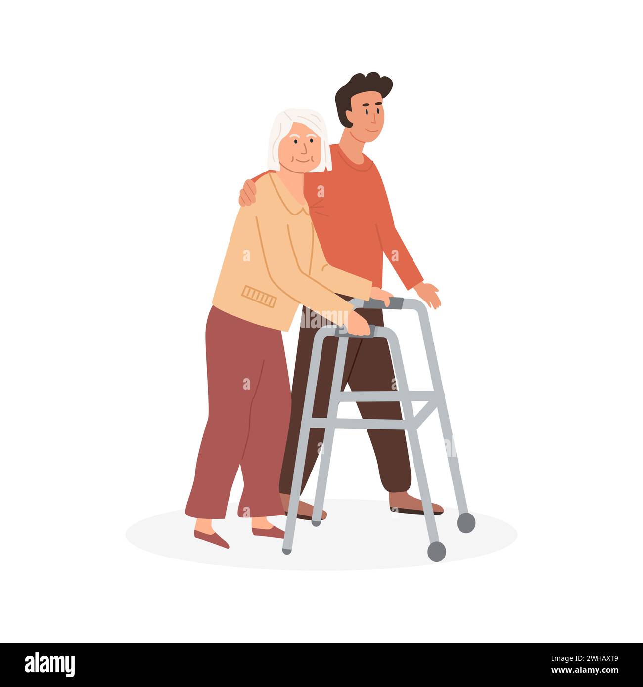 Male nurse or volunteer helps elderly patient with orthopedic walker ...