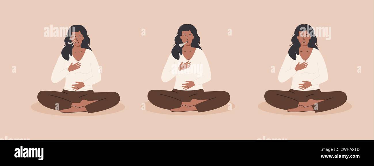 Energy practice. Black woman exhaling and inhaling. Young female doing ...