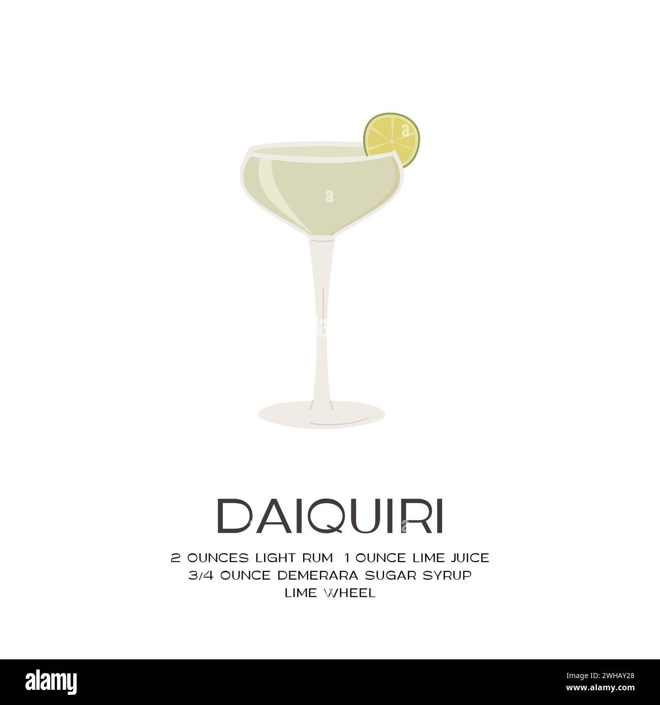 Daiquiri Cocktail in martini glass garnished with lime slice. Menu card ...
