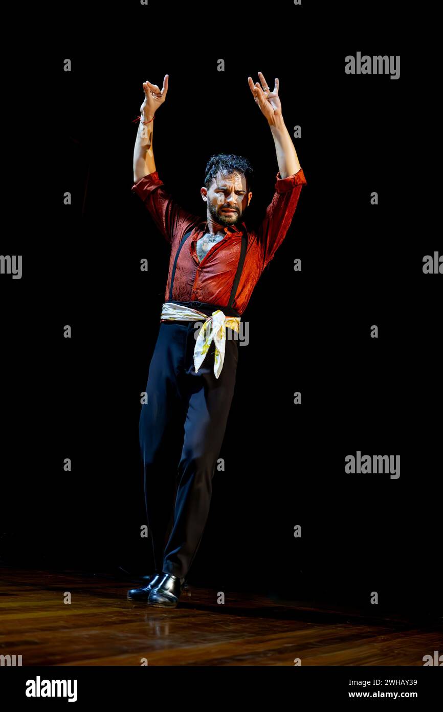 An emotive male flamenco dancer raises his arms in a traditional dance ...