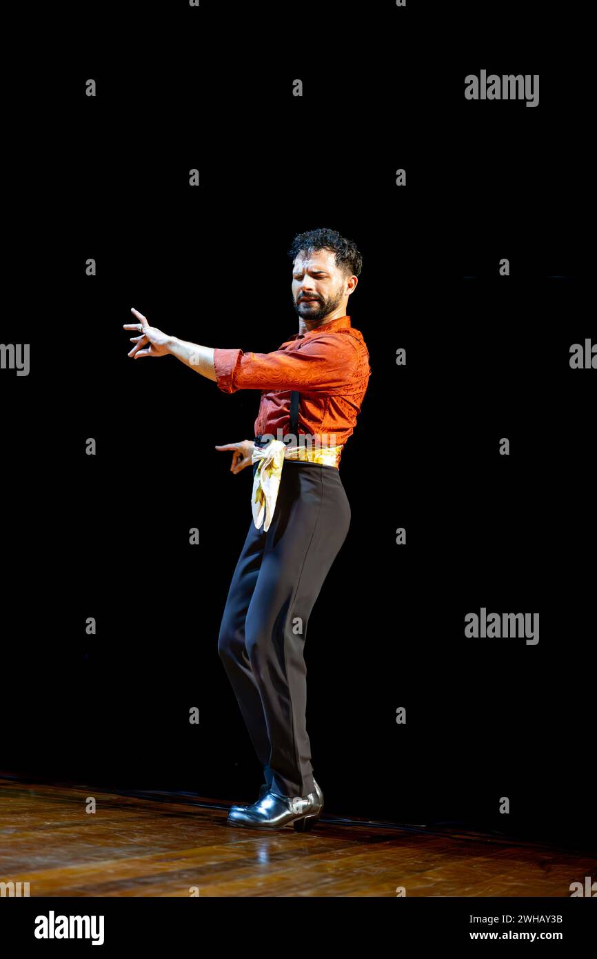 A male flamenco dancer with expressive hand gestures performs on stage ...