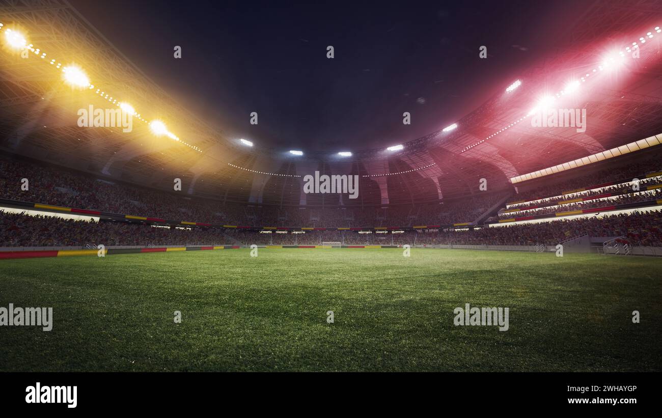 Empty soccer stadium with spotlight and fan tribune with Germany flag ...