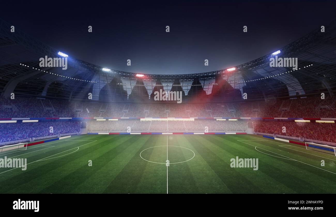 Aerial view of empty soccer field with spotlight and fan tribune with ...