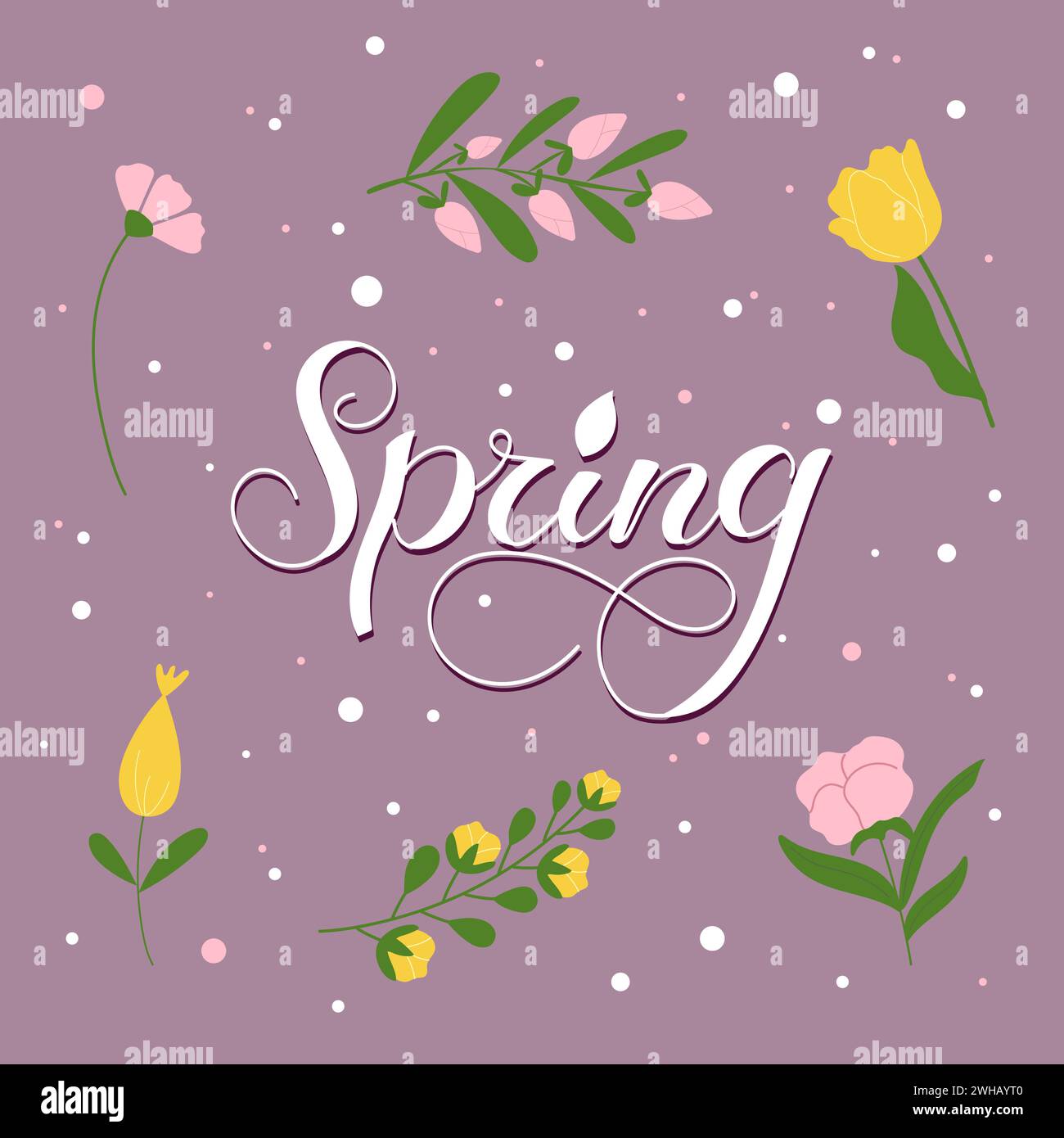 Hand drawn poster with Spring calligraphy surrounded by flowers Stock ...