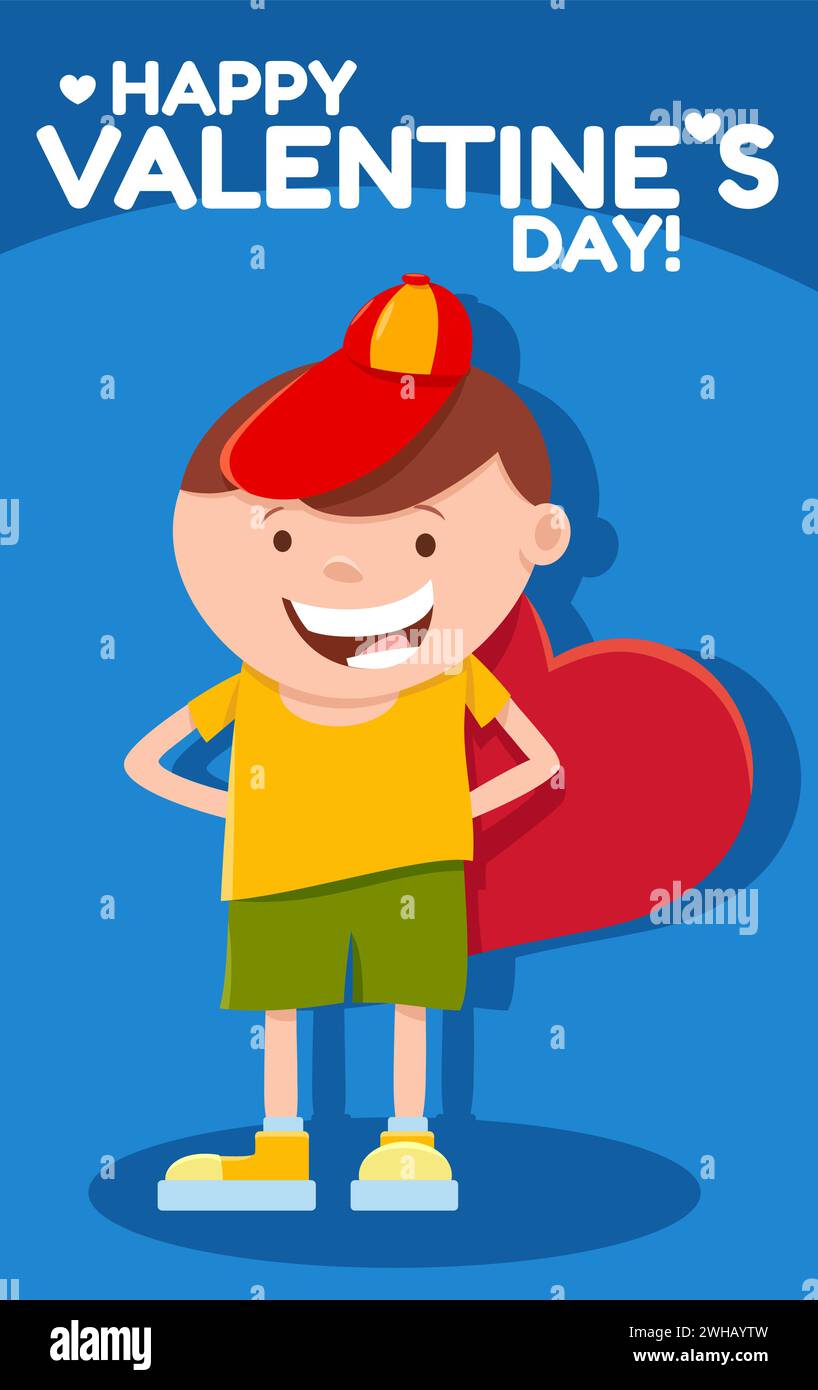 Cartoon illustration with funny boy character with heart Valentines Day ...