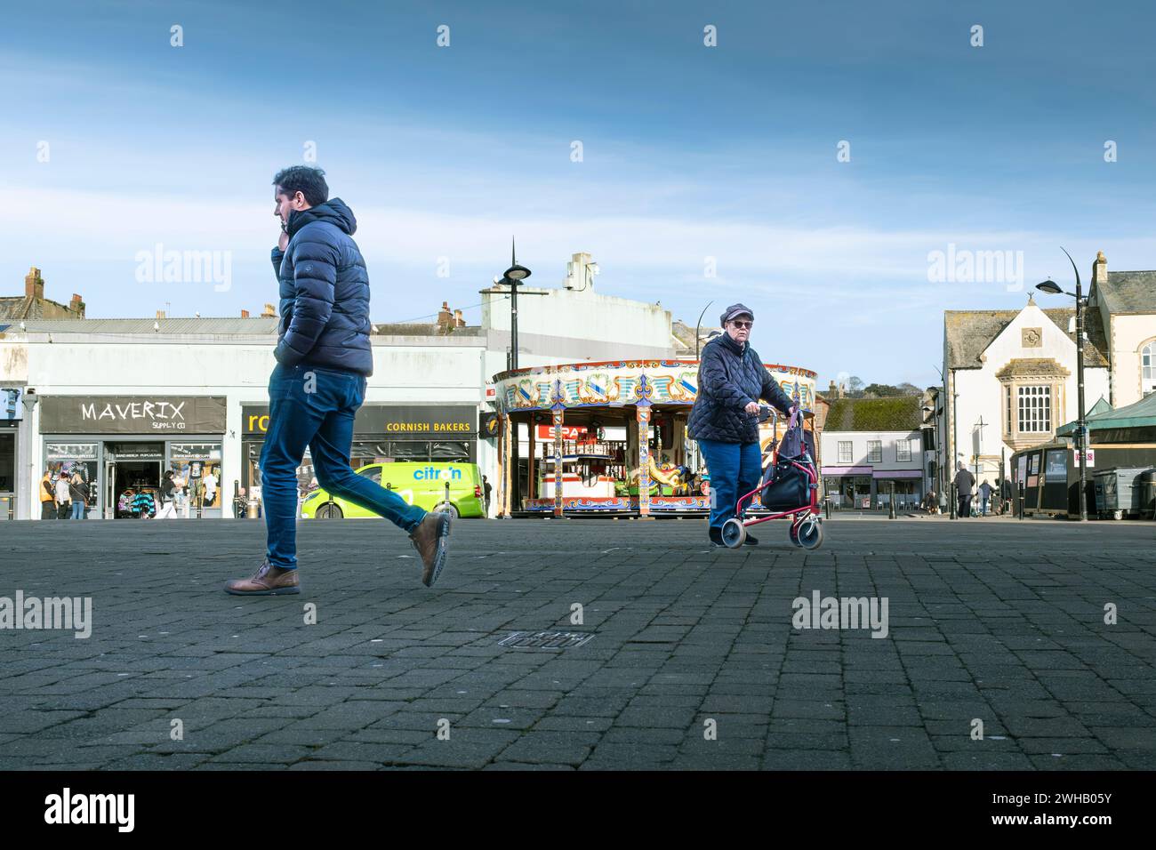 People Pedestrians Shoppers walking through Lemon Quay in Truro City ...