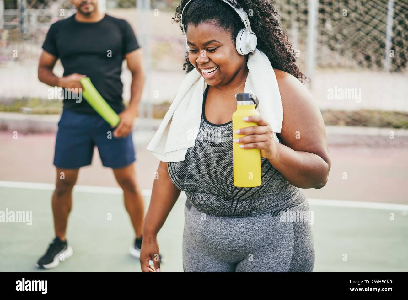 Plus Size African Girl Smiling After Sport Workout Routine Healthy