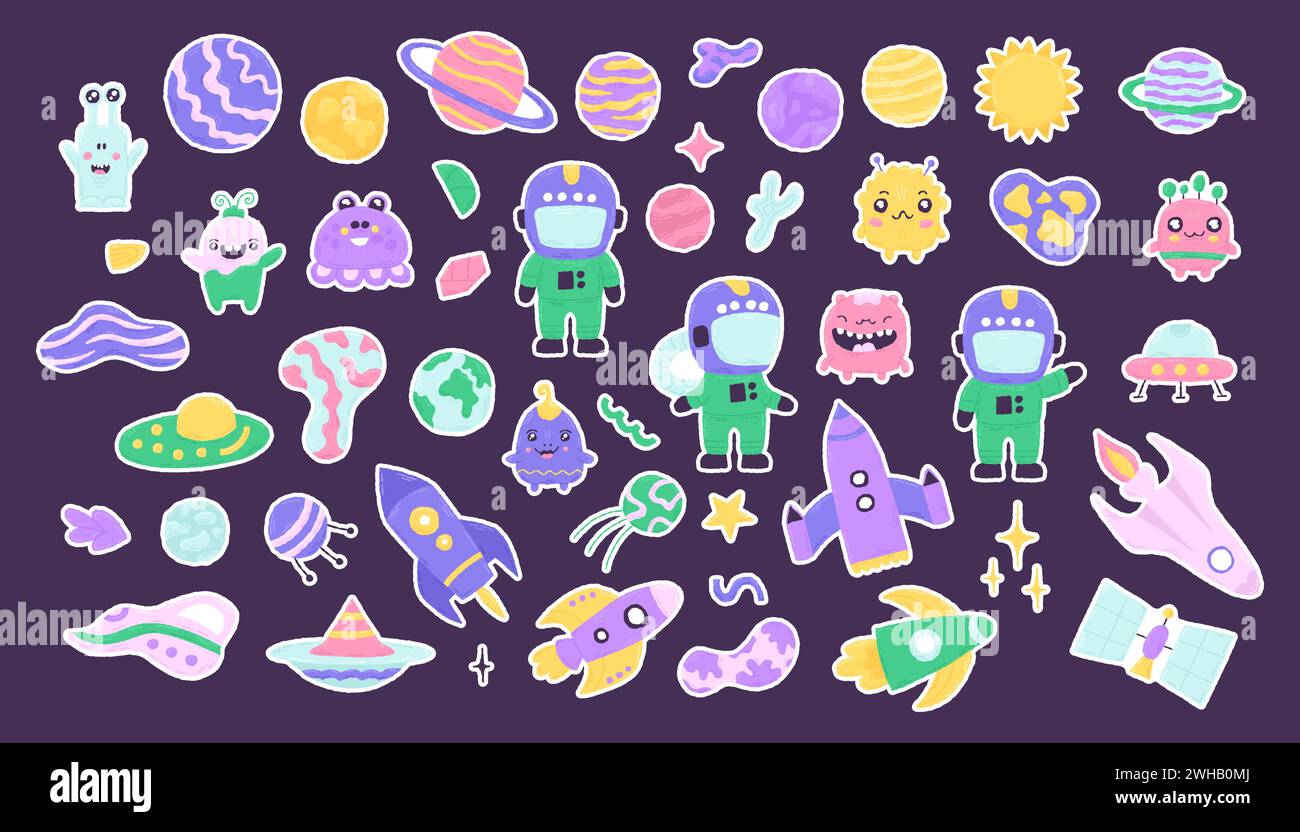 Space set with cute galaxy elements: planets, constellations, rockets ...