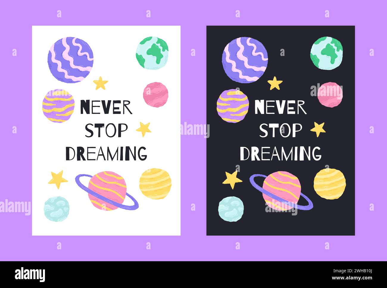 Space poster with cute planets in the cartoon hand drawn style with ...