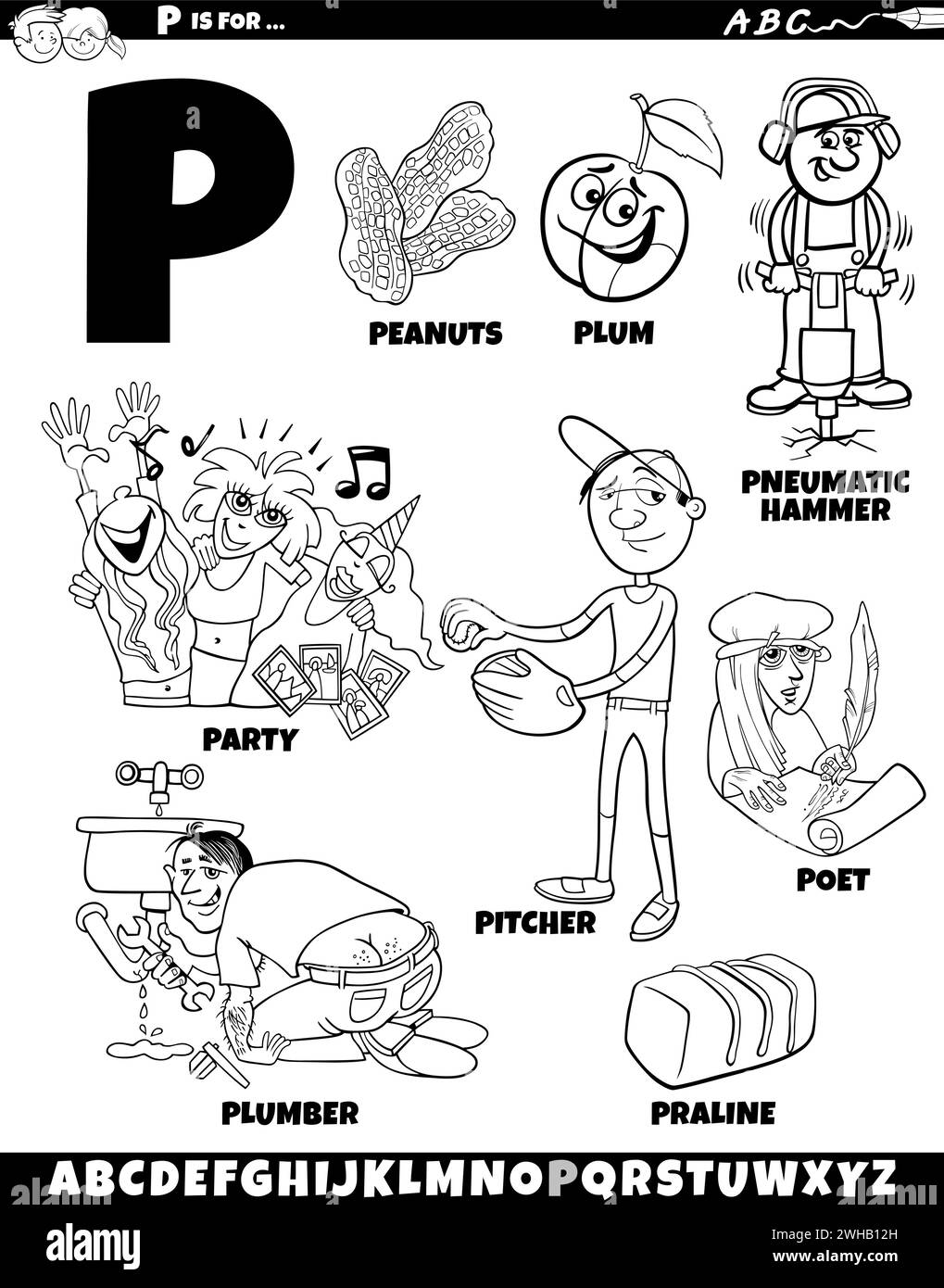 Cartoon illustration of objects and characters set for letter P ...