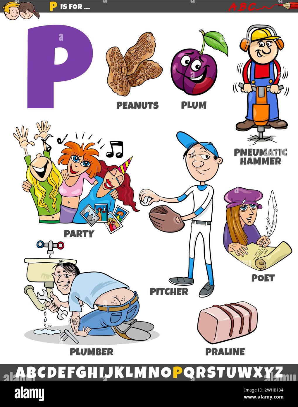 Cartoon illustration of objects and characters set for letter P Stock ...