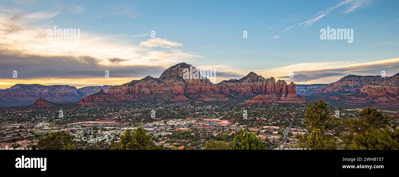 Sedona cityscape as seen at dusk from Coconino National Forest, Arizona ...