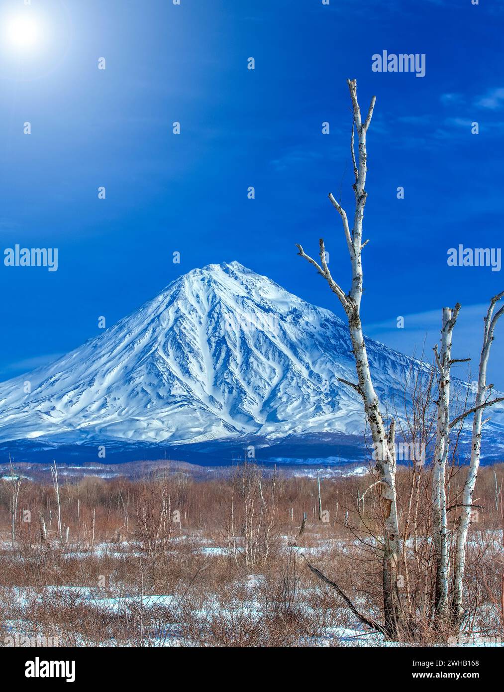 The Koryaksky volcano in Kamchatka and the blue sky with sunlight Stock ...
