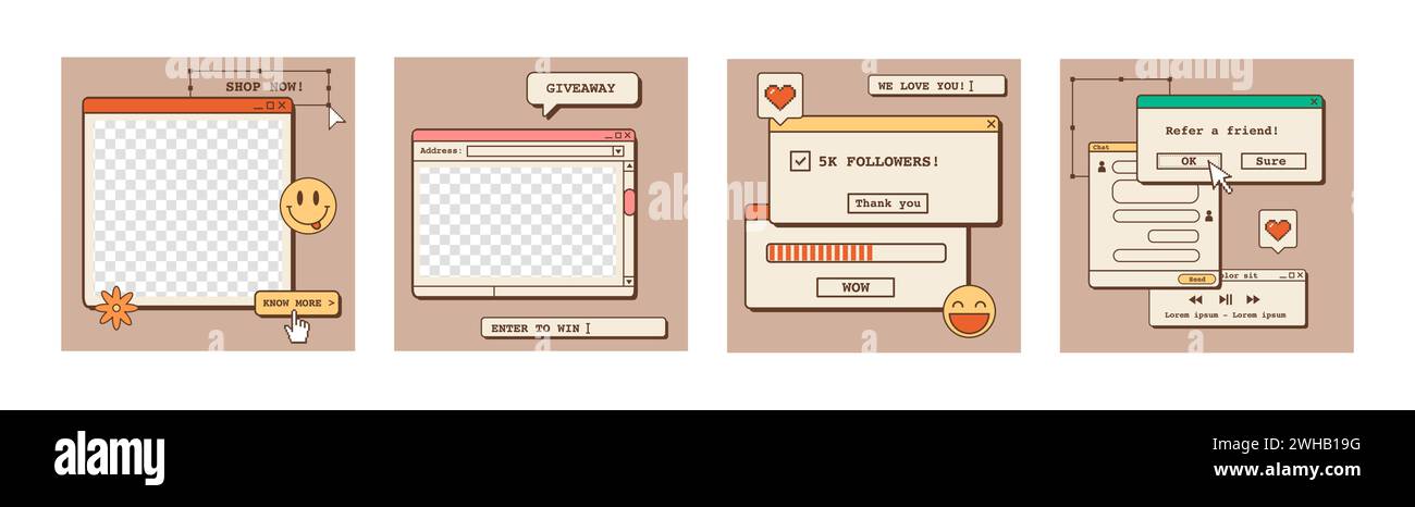 Nostalgic design of social media posts. Retro 80s 90s aesthetic ...