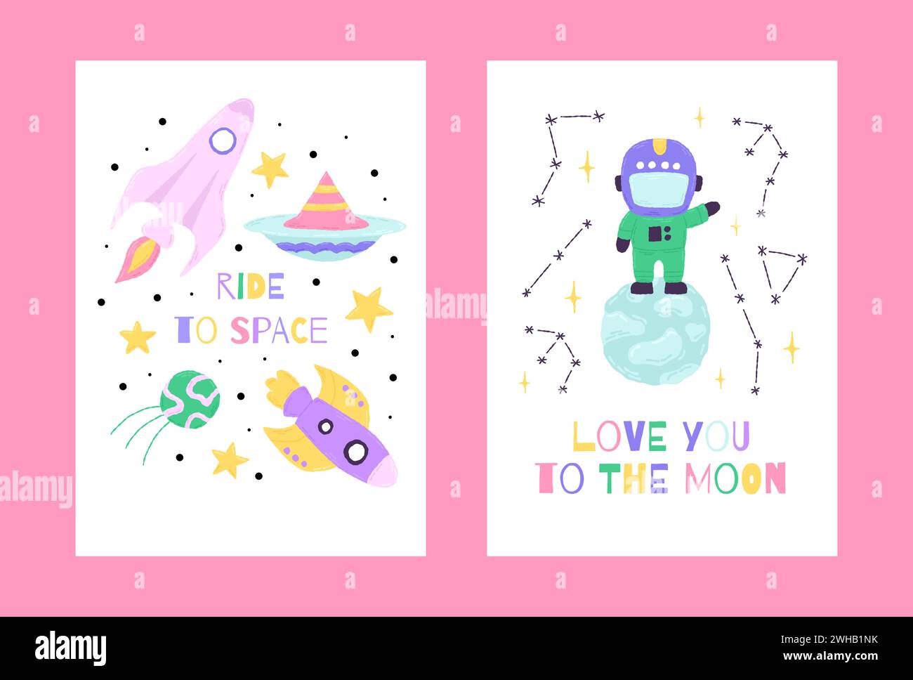 Space poster with cute characters in the cartoon hand drawn style with ...