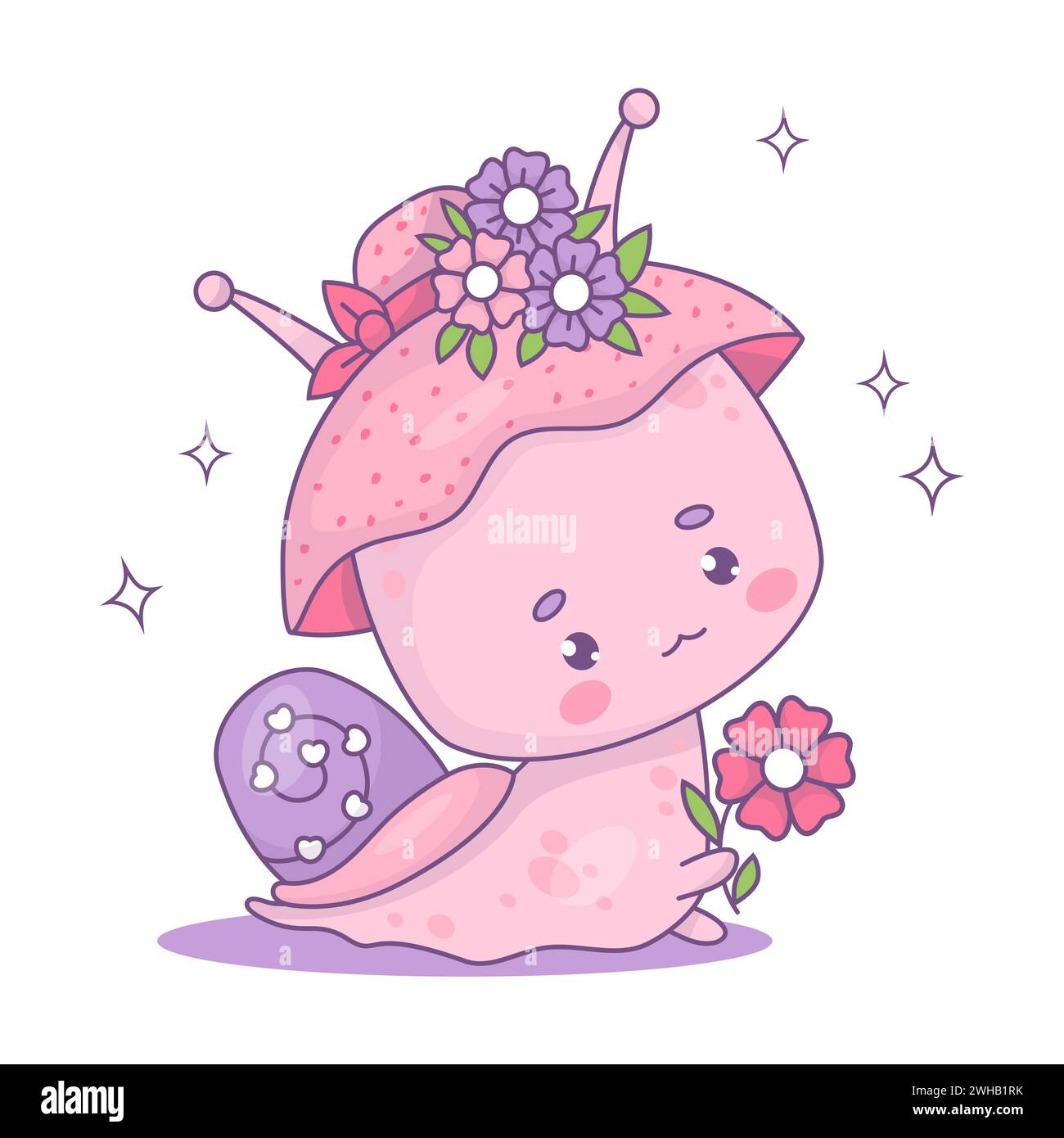 Cute snail girl in hat with flowers. Funny insect kawaii character in ...