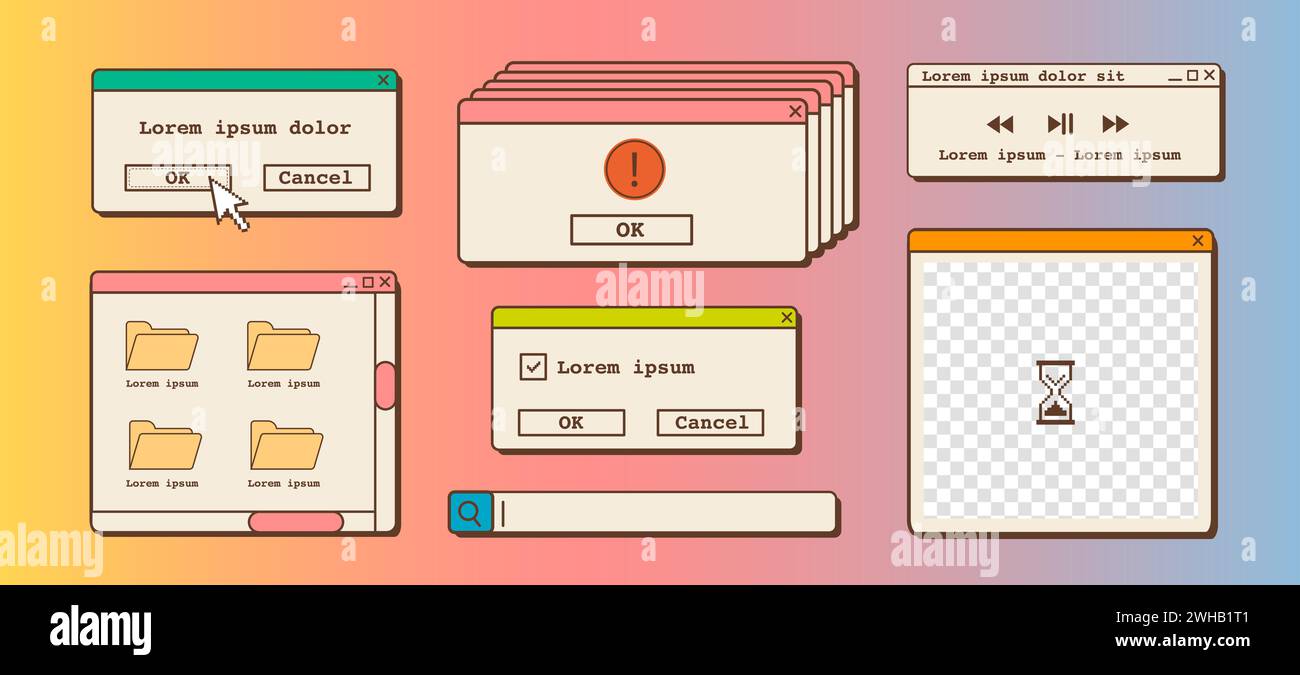 Vector set of 90s old desktop user interface elements. Nostalgic retro ...