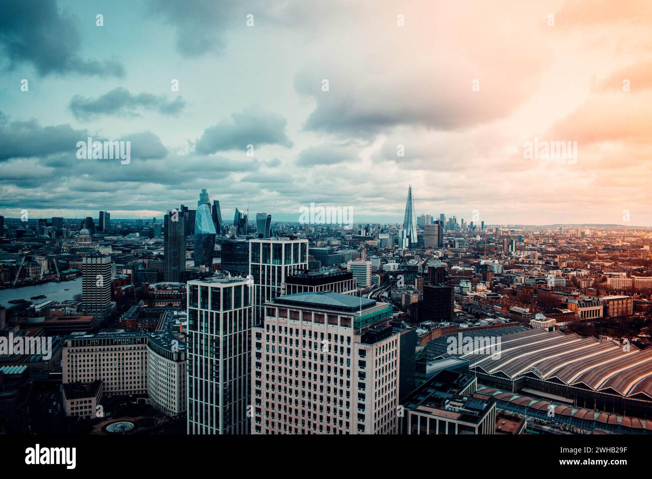Dramatic aerial perspective of London's skyline, capturing the contrast ...