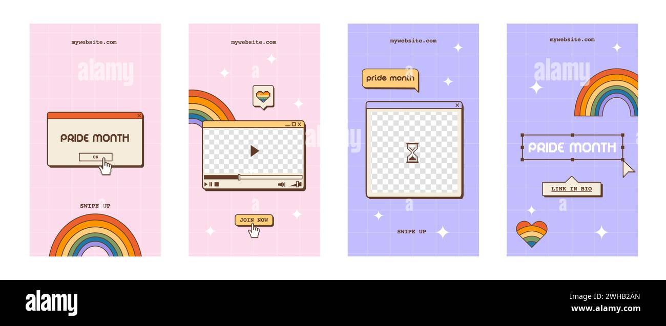 Set of vaporwave retro social media stories for LGBTQ Pride Month. Y2K ...