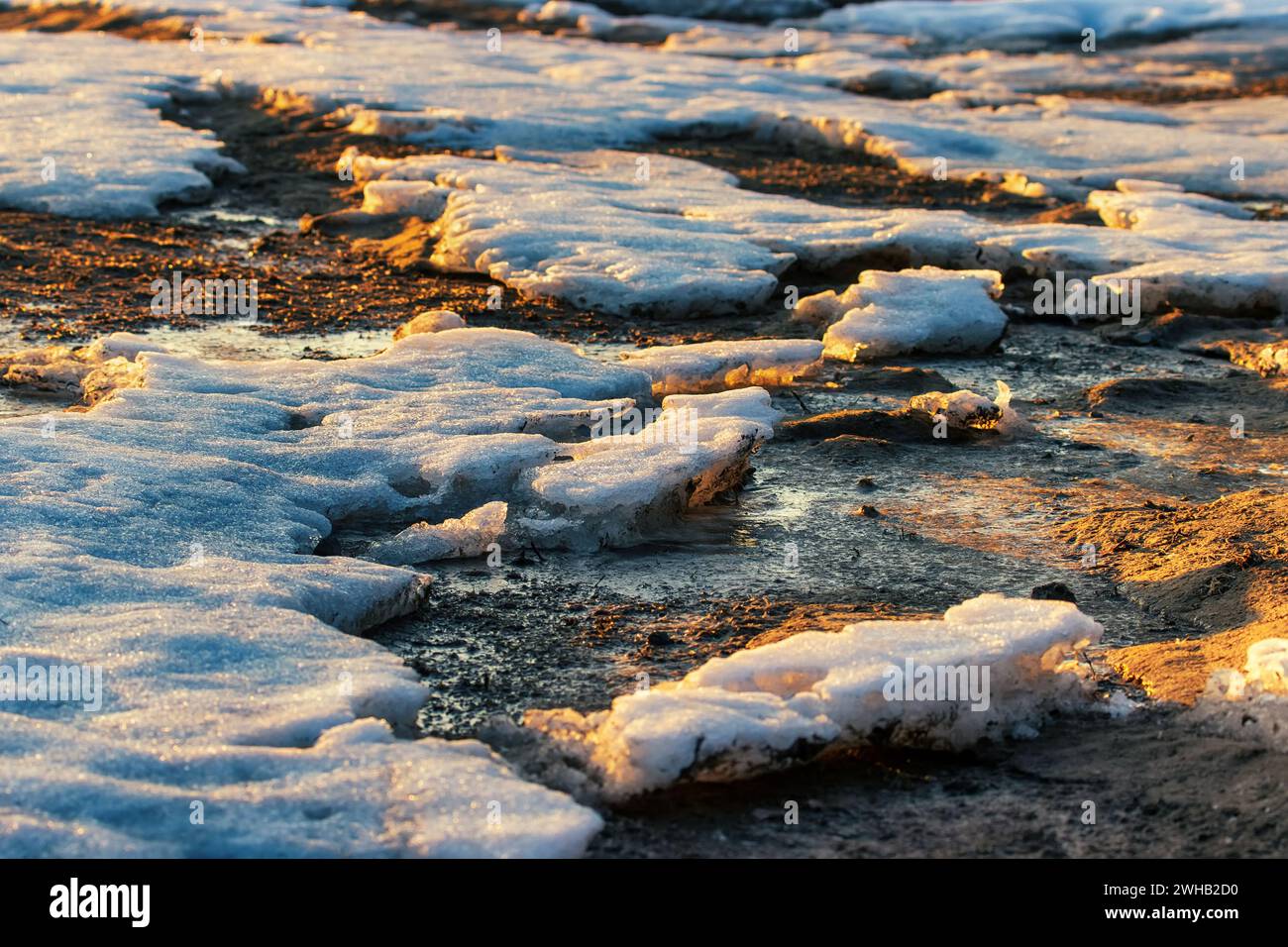 Spring thawing, streams washed away a layer of snow, spring flood. The ...