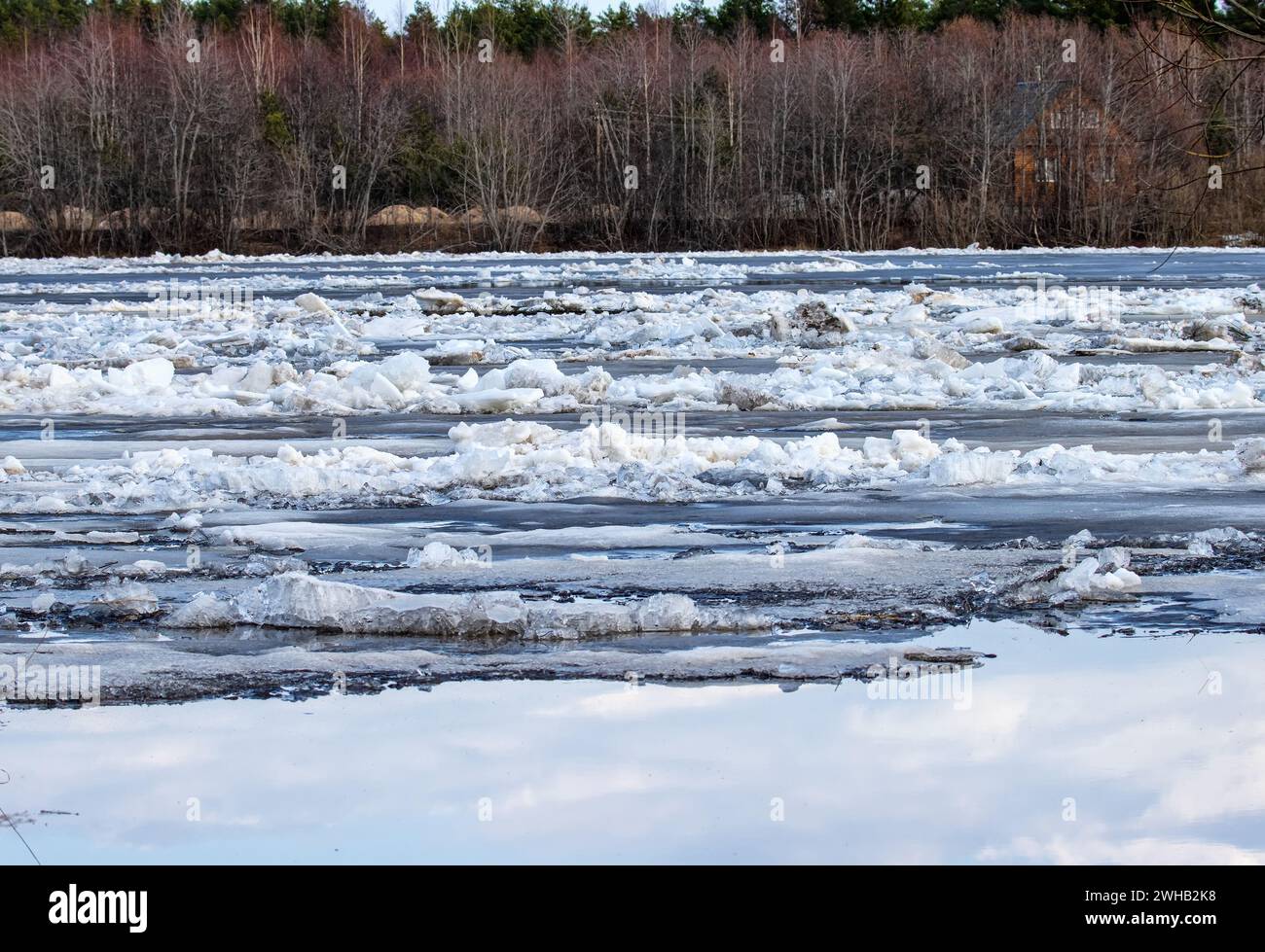 A landscape of an ice drift (ice-boom, debacle) on the northern river ...