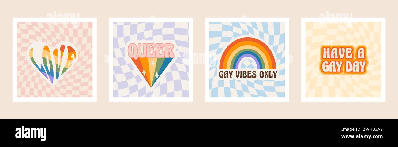 Pride month square cards with rainbow, LGBTQ symbols, phrases and ...