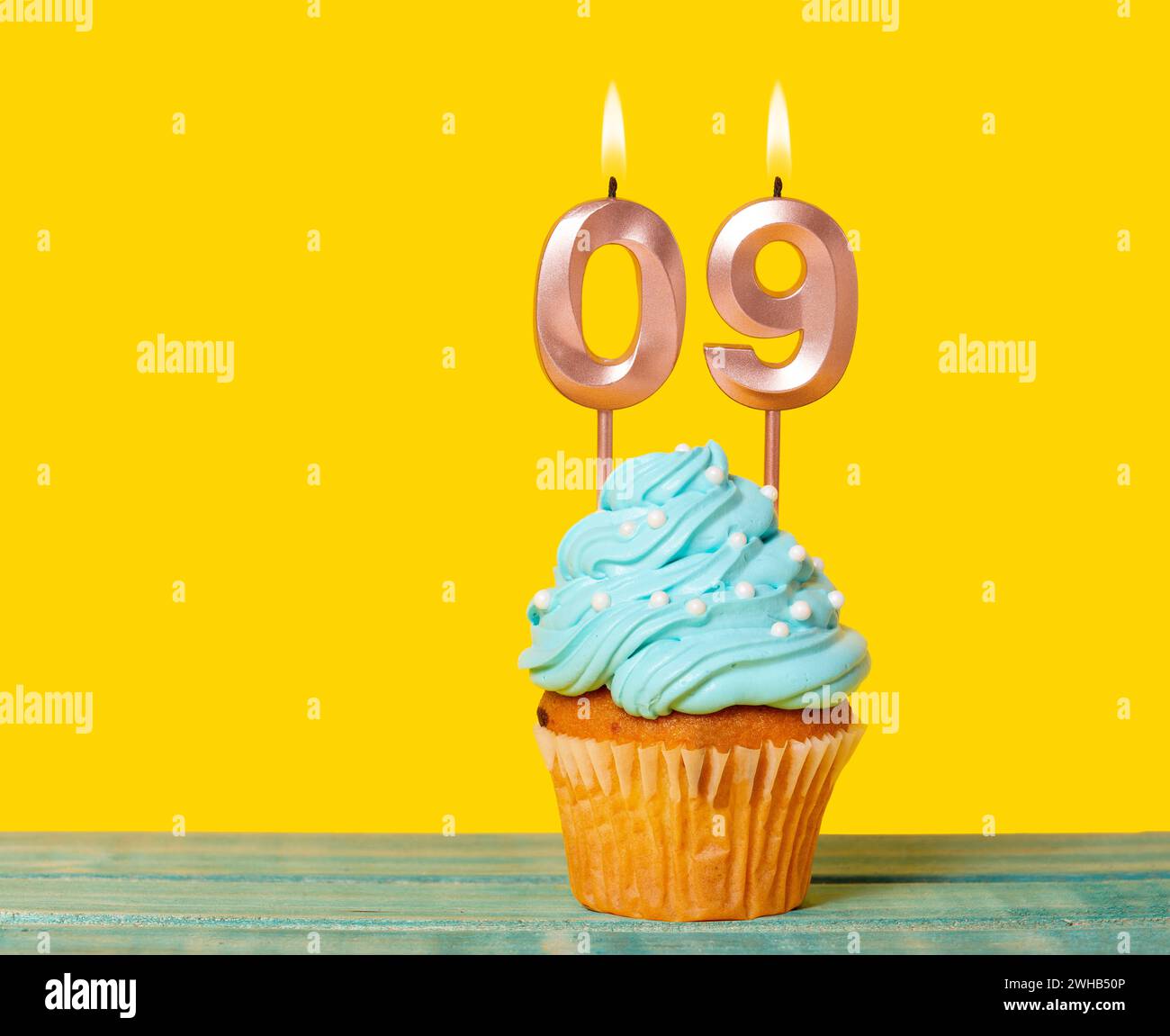 Birthday Cake With Candle Number 09 - On Yellow Background Stock Photo ...