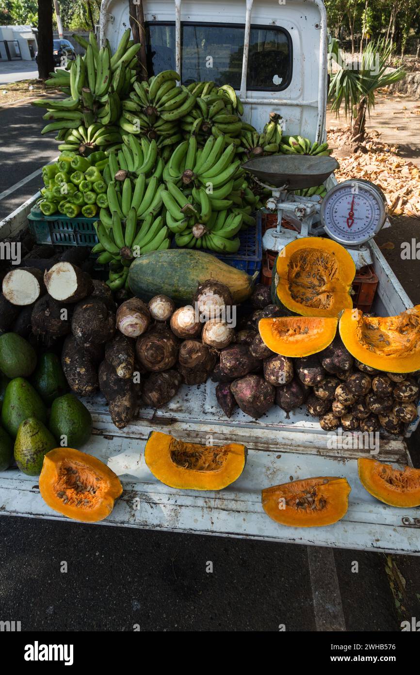 This truck is a mobile produce stand, parked by a busy street in Santo ...