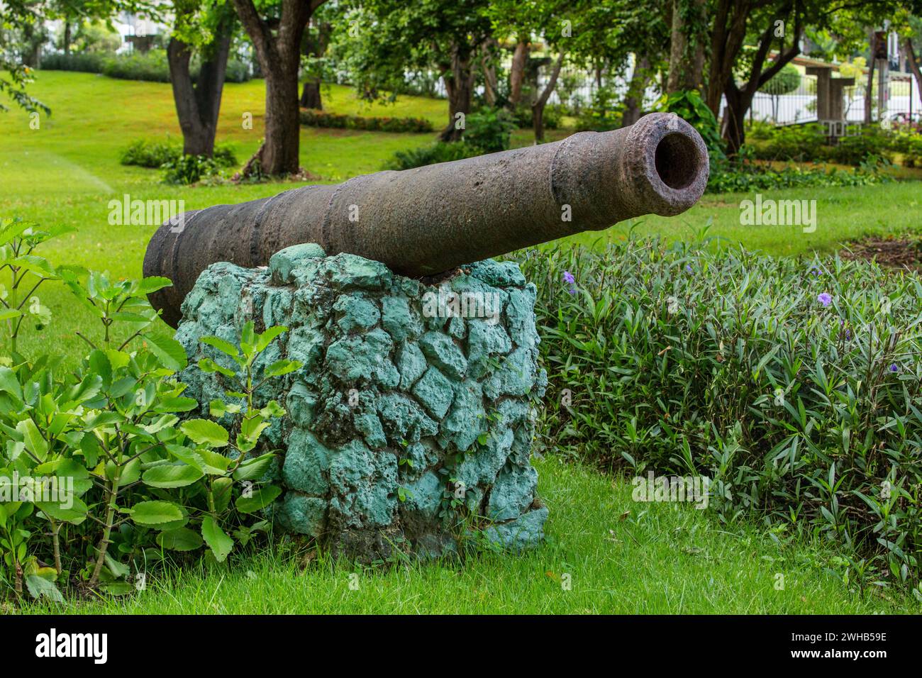 An historic Spanish cannon in the Iberoamerica Park in Santo Domingo ...