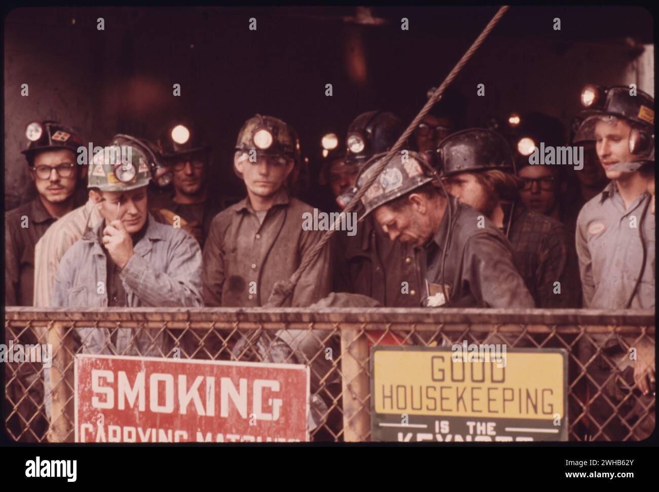 Richlands, Virginia, USA. April 1974. Shift of miners in the elevator ...