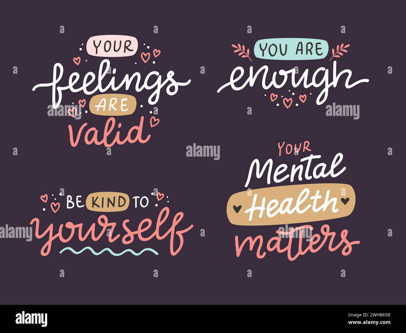Mental health inspirational positive quotes, vector hand drawn ...