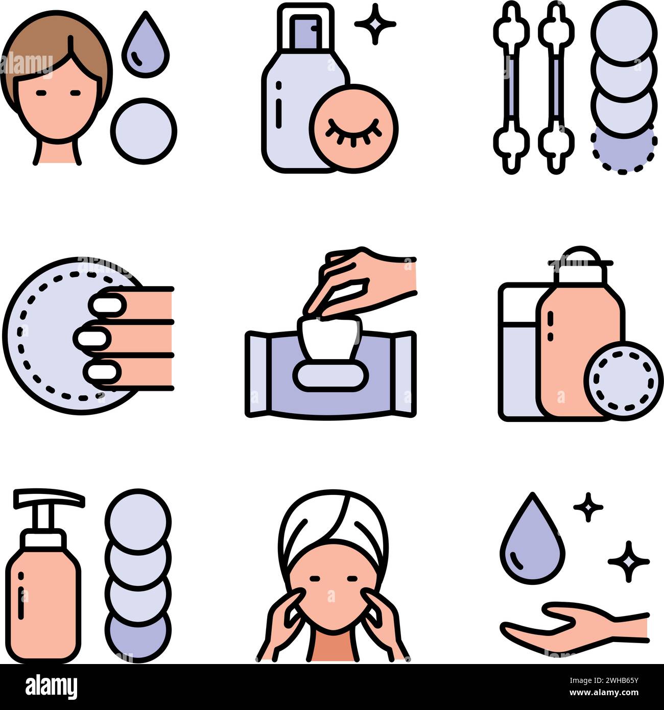 Makeup removal and skin care icons set. Simple flat style. Face, beauty ...