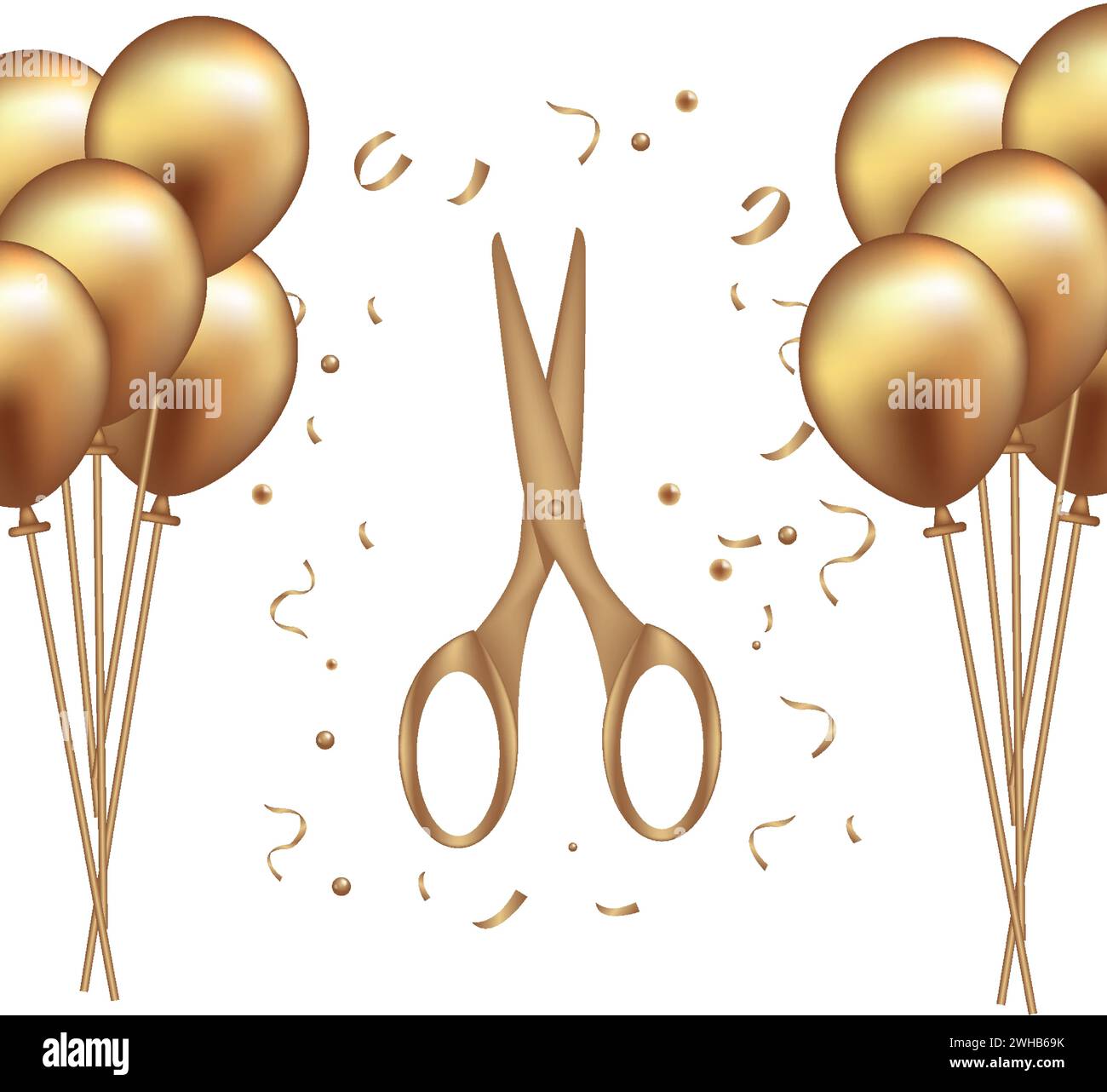 Grand opening design with ribbon, balloons and gold scissors, confetti ...