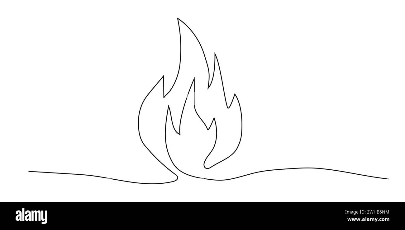 Fire line art continuous, bonfire doodle isolated on white background ...
