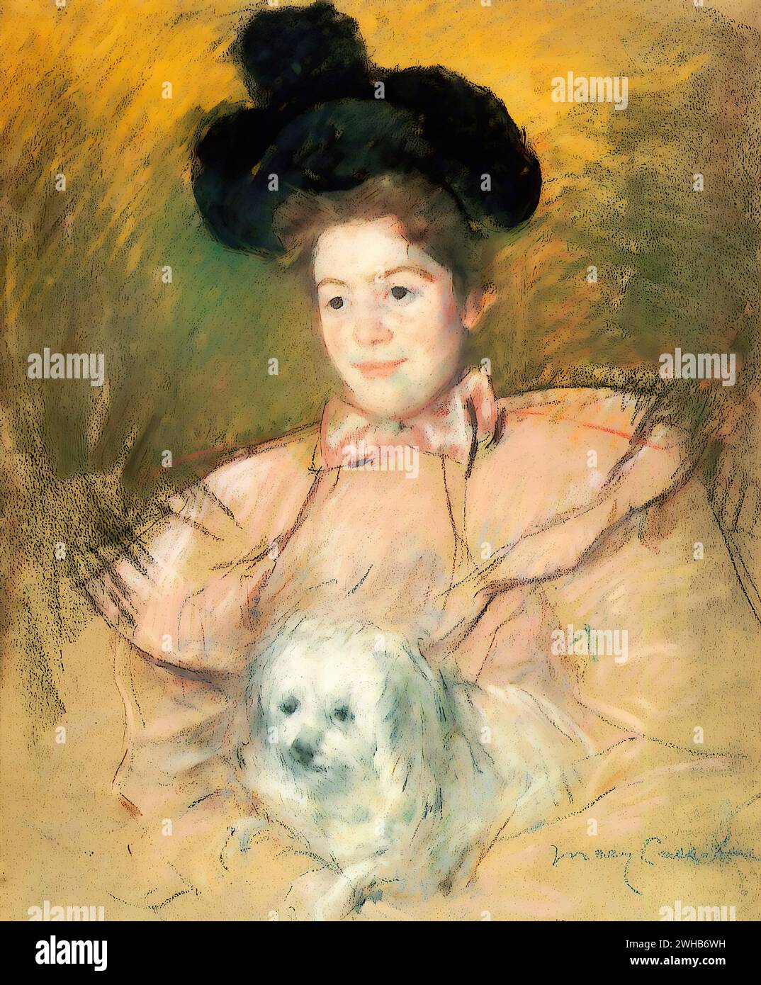 Mary Cassatt - 1900 - Woman in Raspberry Costume Holding a Dog ...