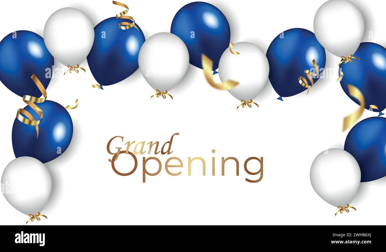 Grand opening design with ribbon, balloons and gold scissors, confetti ...