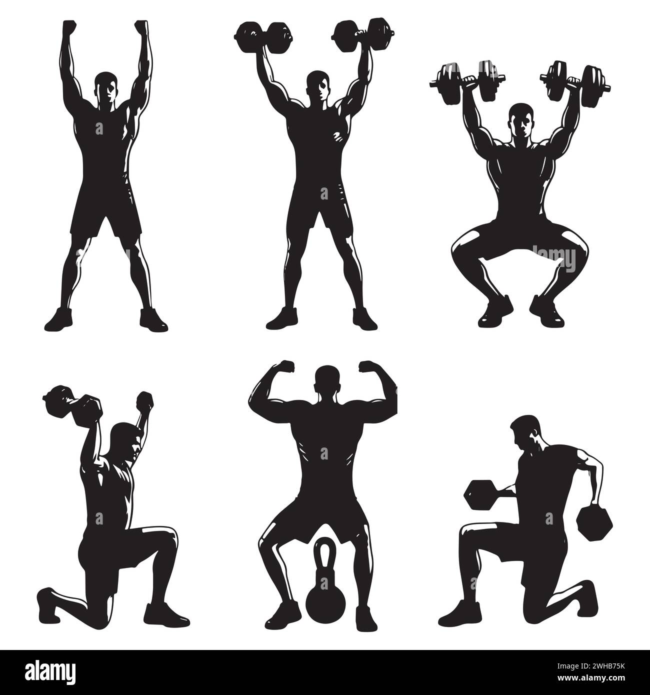 Workout and fitness men with dumbbells - thematic set in monochrome ...