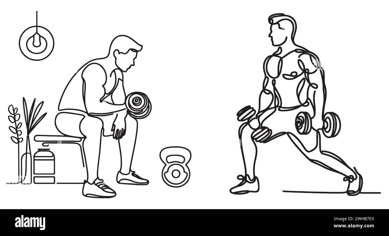 Workout and fitness men with dumbbells - themed set in linear style ...