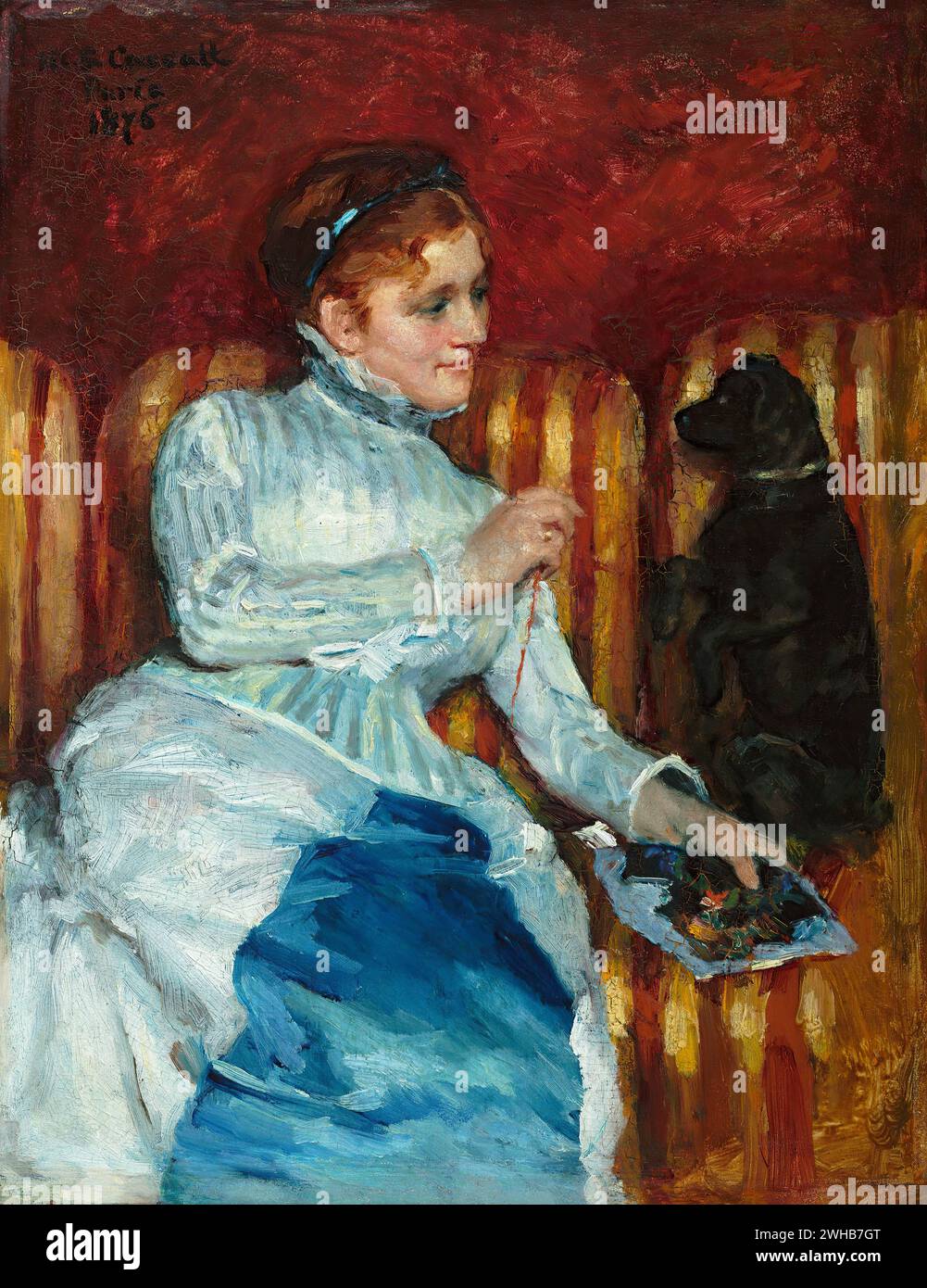 Mary Cassatt - Jeune Femme sur sofa rayé avec son chien noir Stock ...